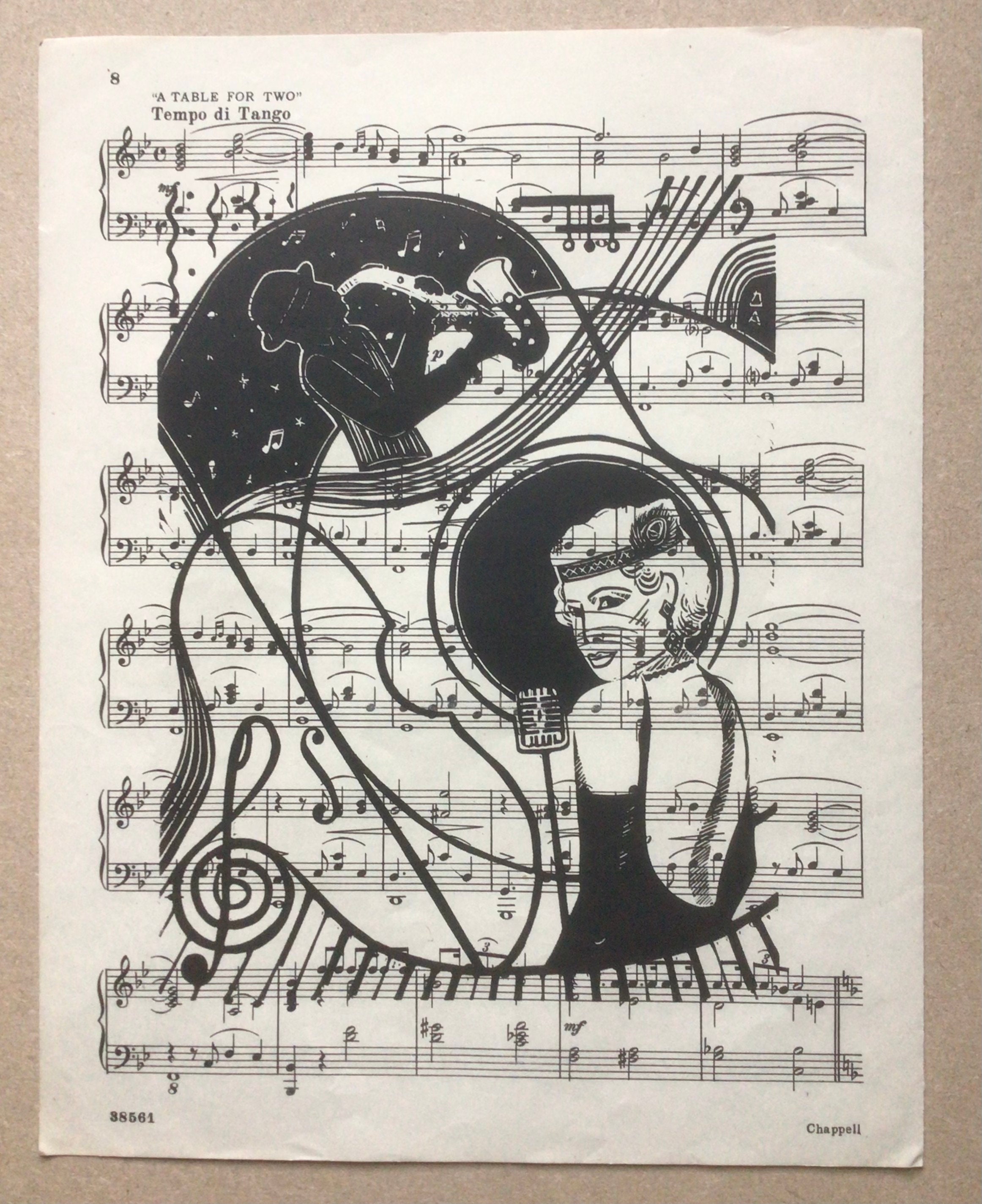 Jazz Linocut Print, Original Lino Print on Vintage Music Sheet by Daria ...
