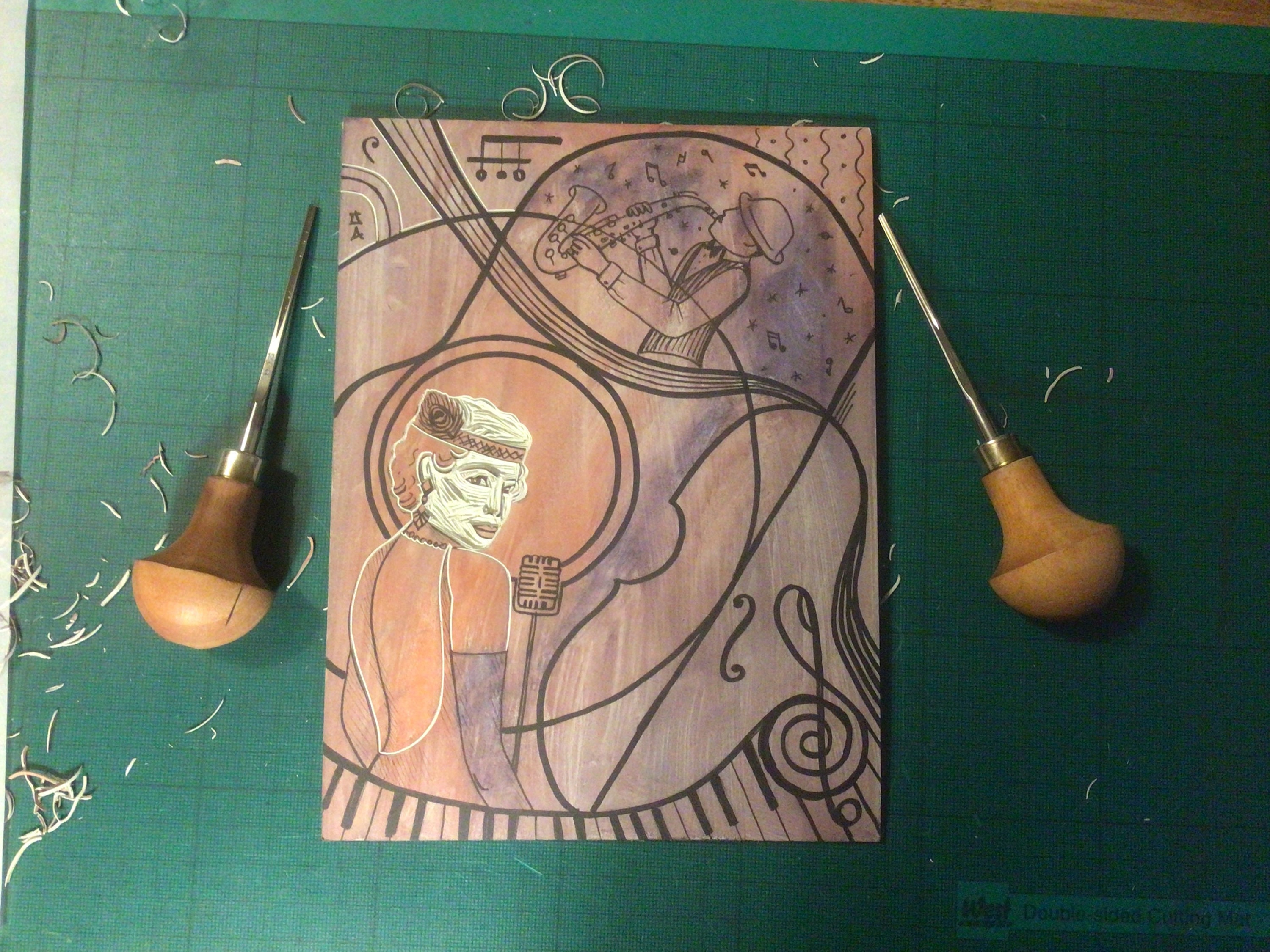 Jazz Linocut Print, Original Lino Print on Vintage Music Sheet by Daria ...