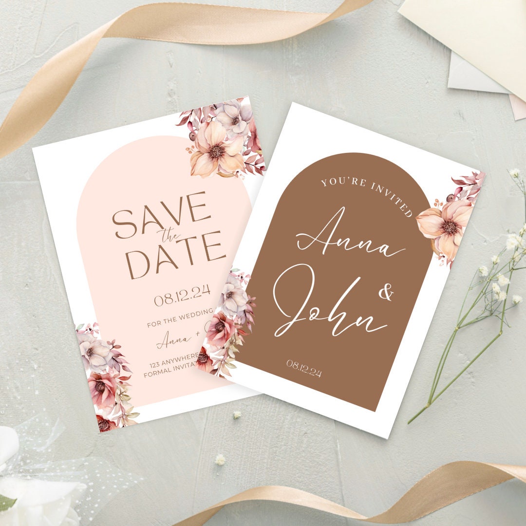 Floral Brown Pink Wedding Invitation Set Template Minimalist - Etsy