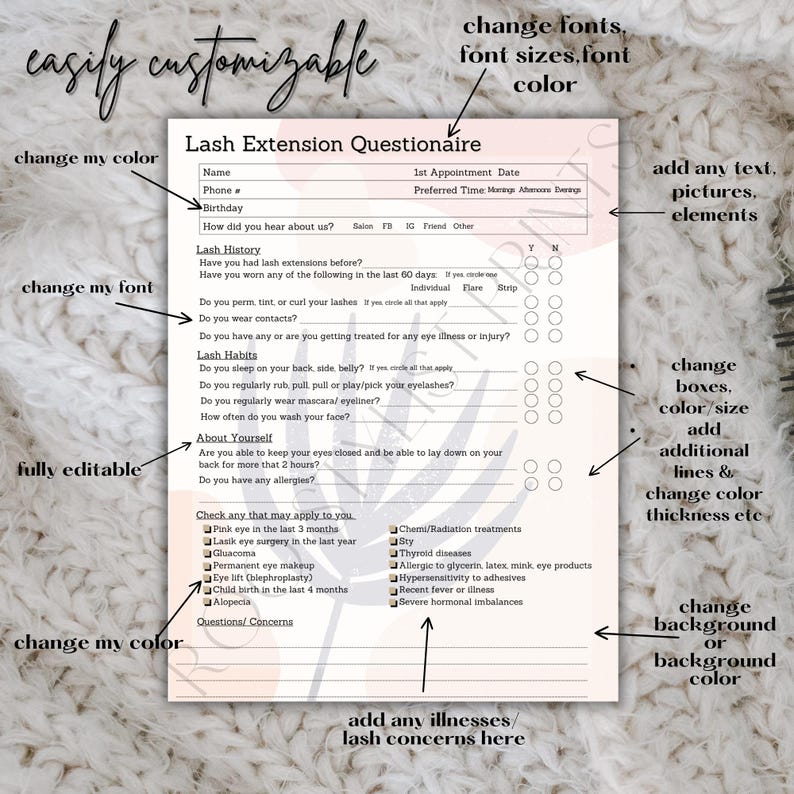 Eyelash Extension Questionnaire Template for Lash Client History ...