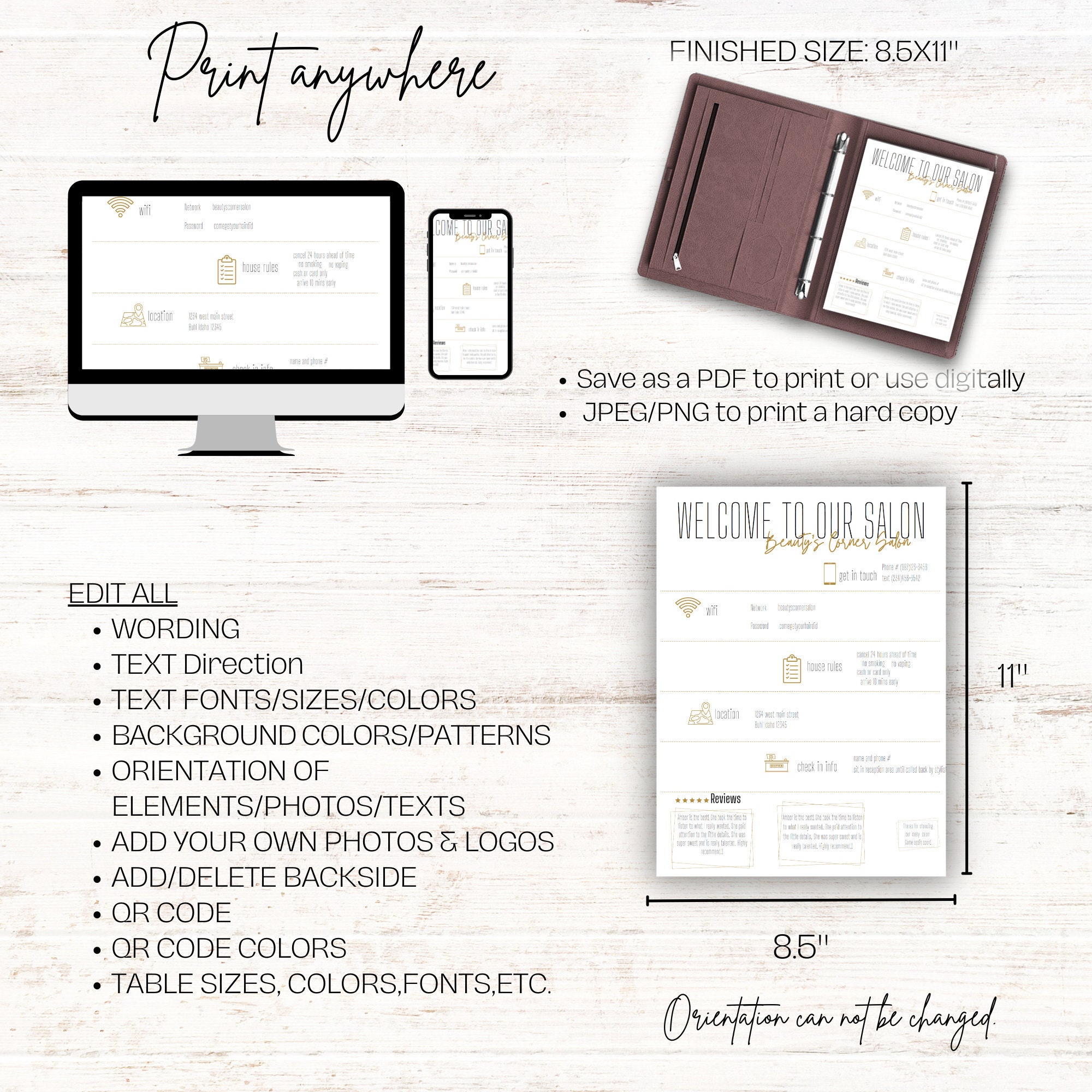 Salon Welcome Check in Sign Template, Guest Arrival Info ,digital ...