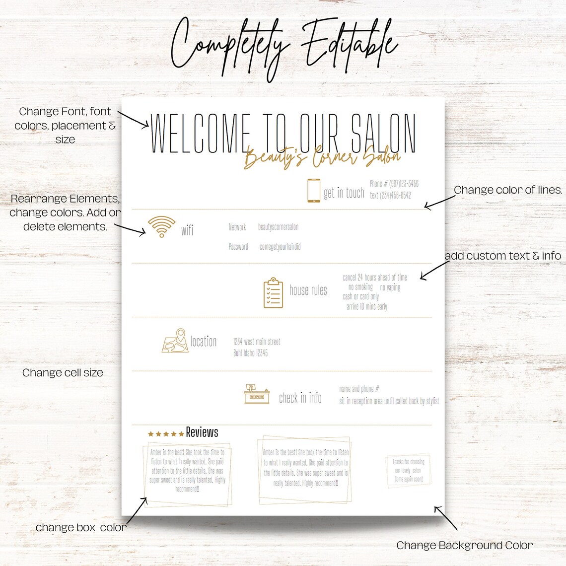 Salon Welcome Check in Sign Template, Guest Arrival Info ,digital ...