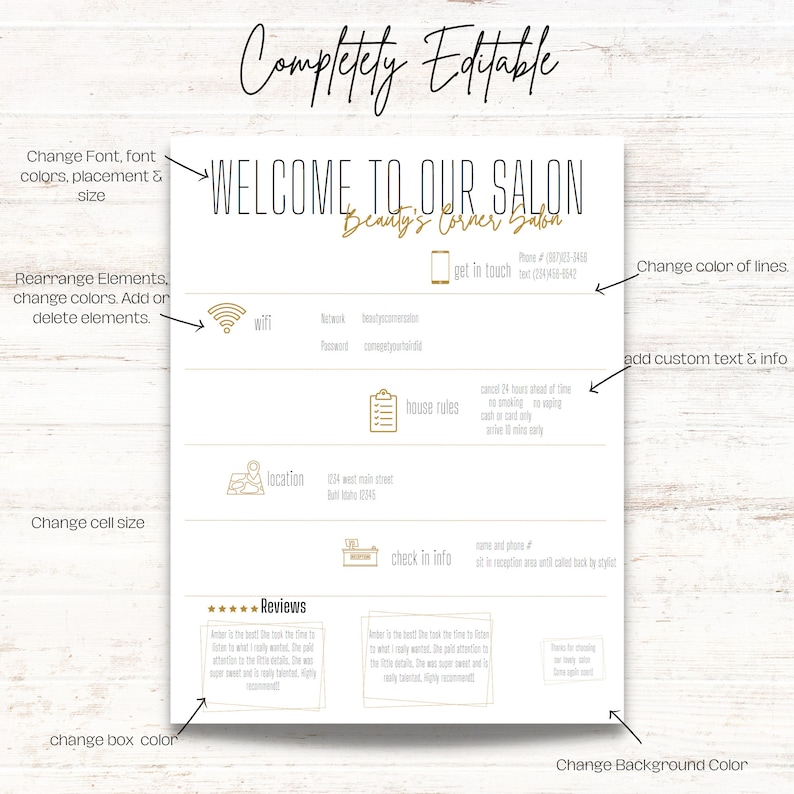 Salon Welcome Check in Sign Template, Guest Arrival Info ,digital ...