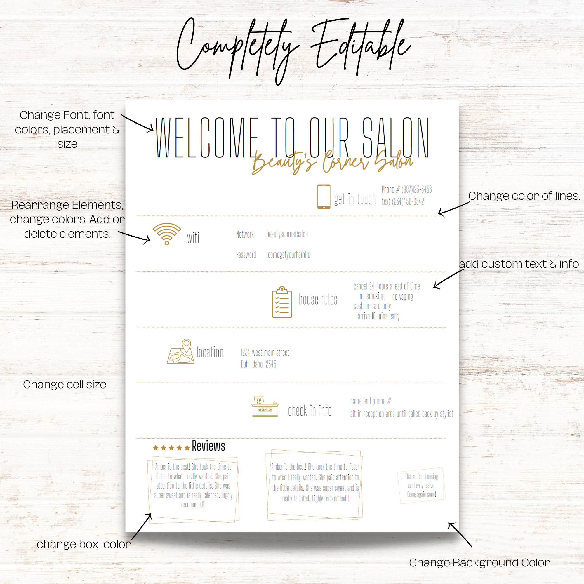 Salon Welcome Check in Sign Template, Guest Arrival Info ,digital ...