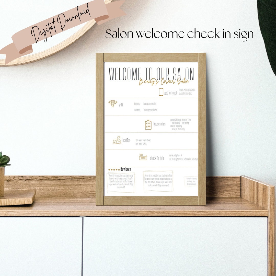 Salon Welcome Check in Sign Template, Guest Arrival Info ,digital ...