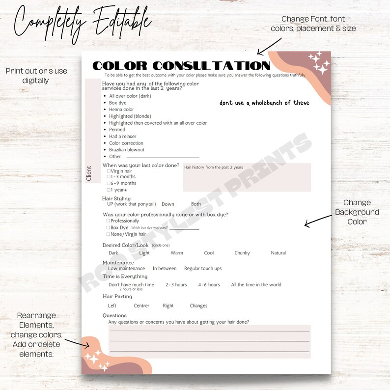 Color Consultation Form for Hairstylists, Salon Forms, Digital Download ...