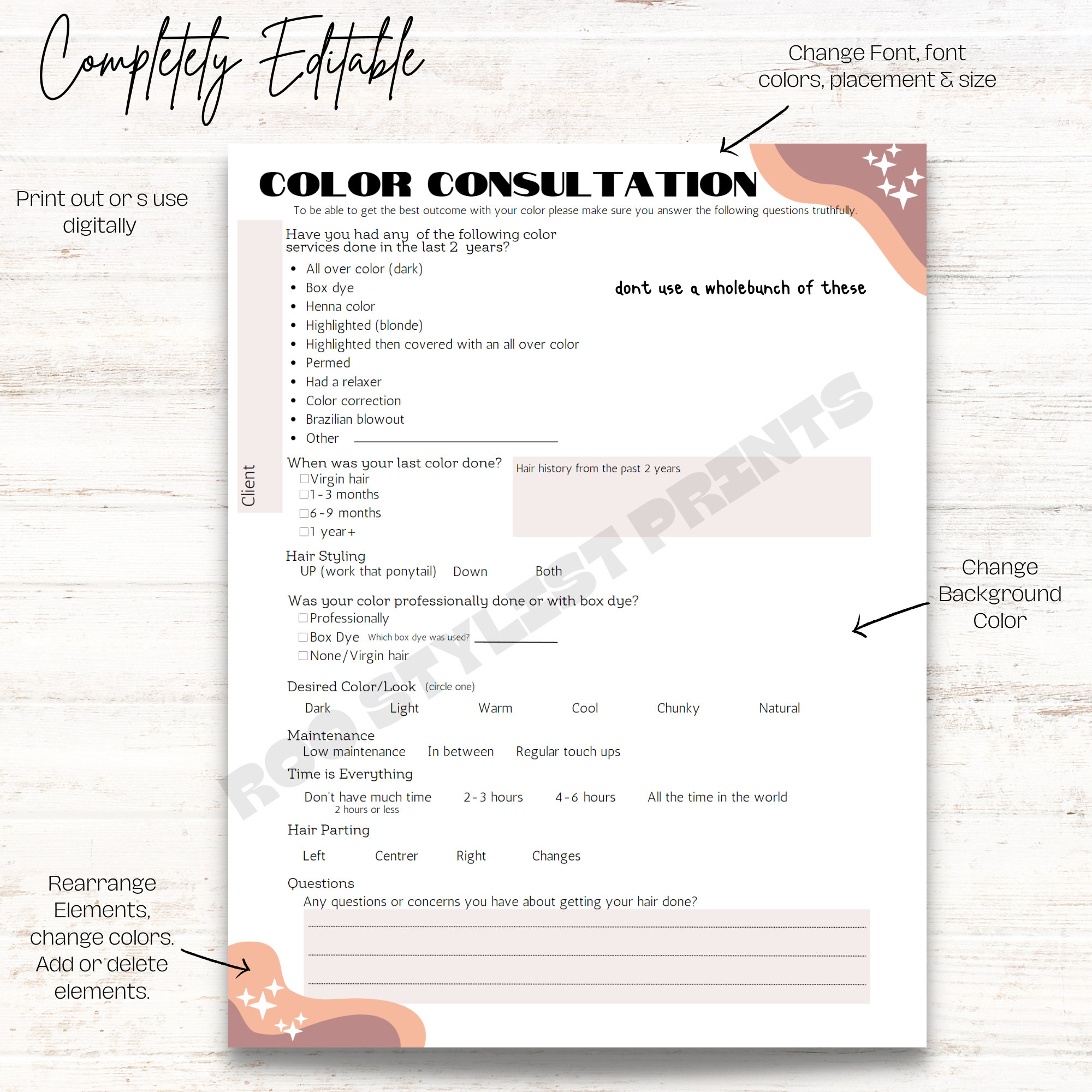 Color Consultation Form for Hairstylists, Salon Forms, Digital Download ...