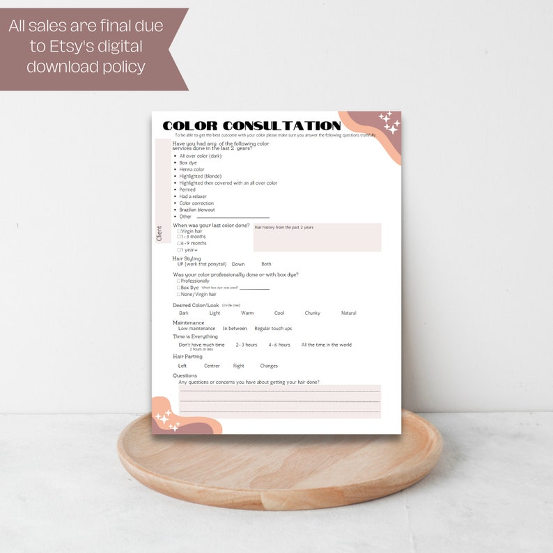 Color Consultation Form for Hairstylists, Salon Forms, Digital Download ...