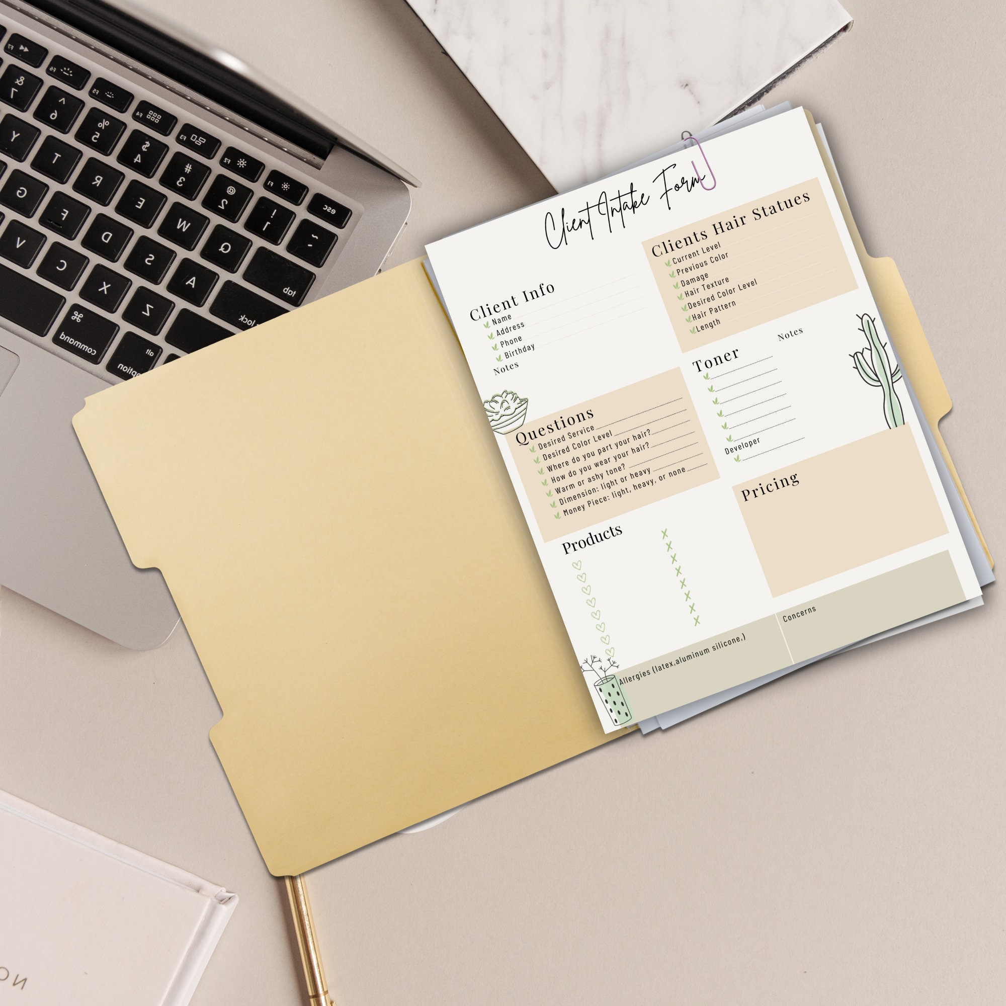 Client Record Card for Clients, Cactus Boho, Salon Client History ...