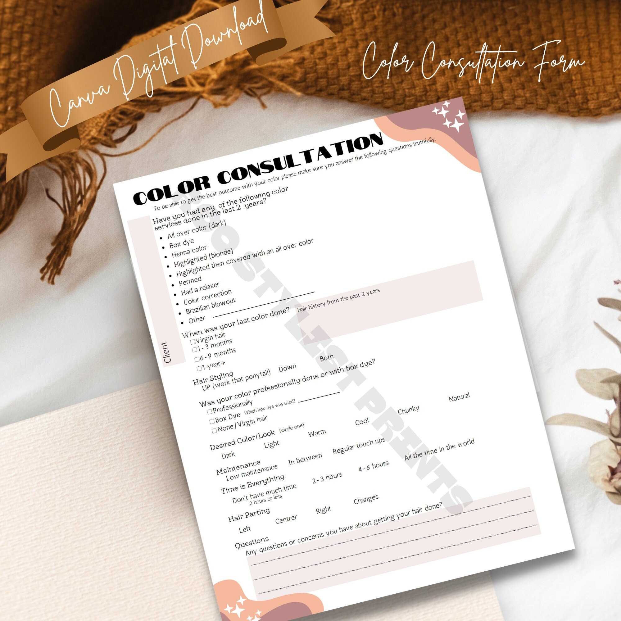 Color Consultation Form for Hairstylists, Salon Forms, Digital Download ...