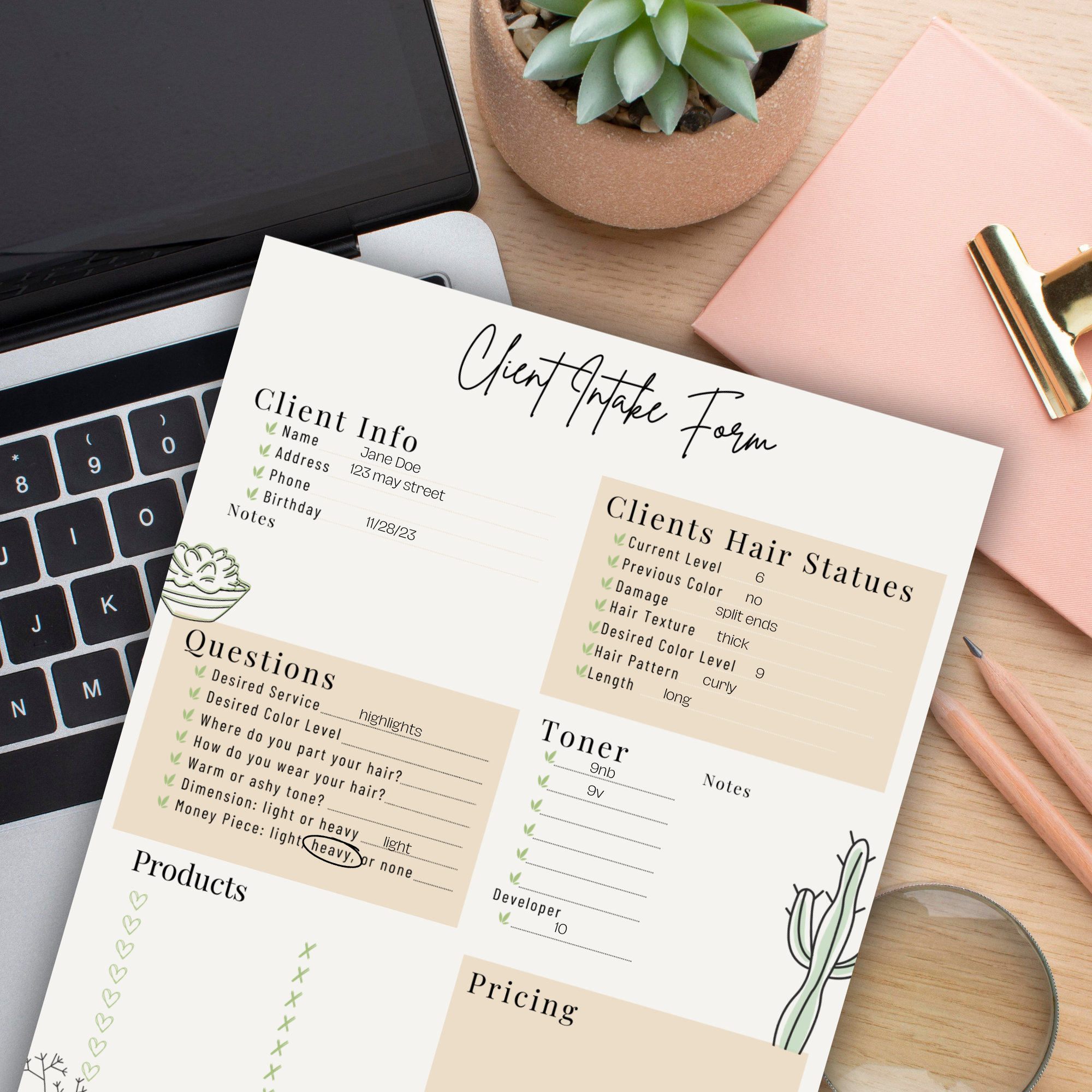 Client Record Card for Clients, Cactus Boho, Salon Client History ...