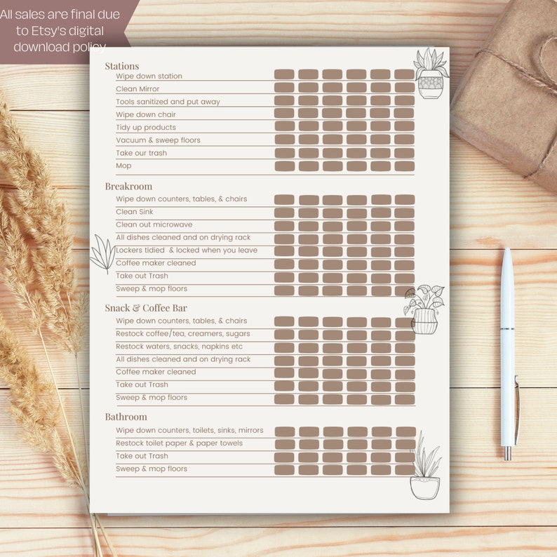 Cleaning Checklist Printable for Salons & Salon Owners, Digital ...