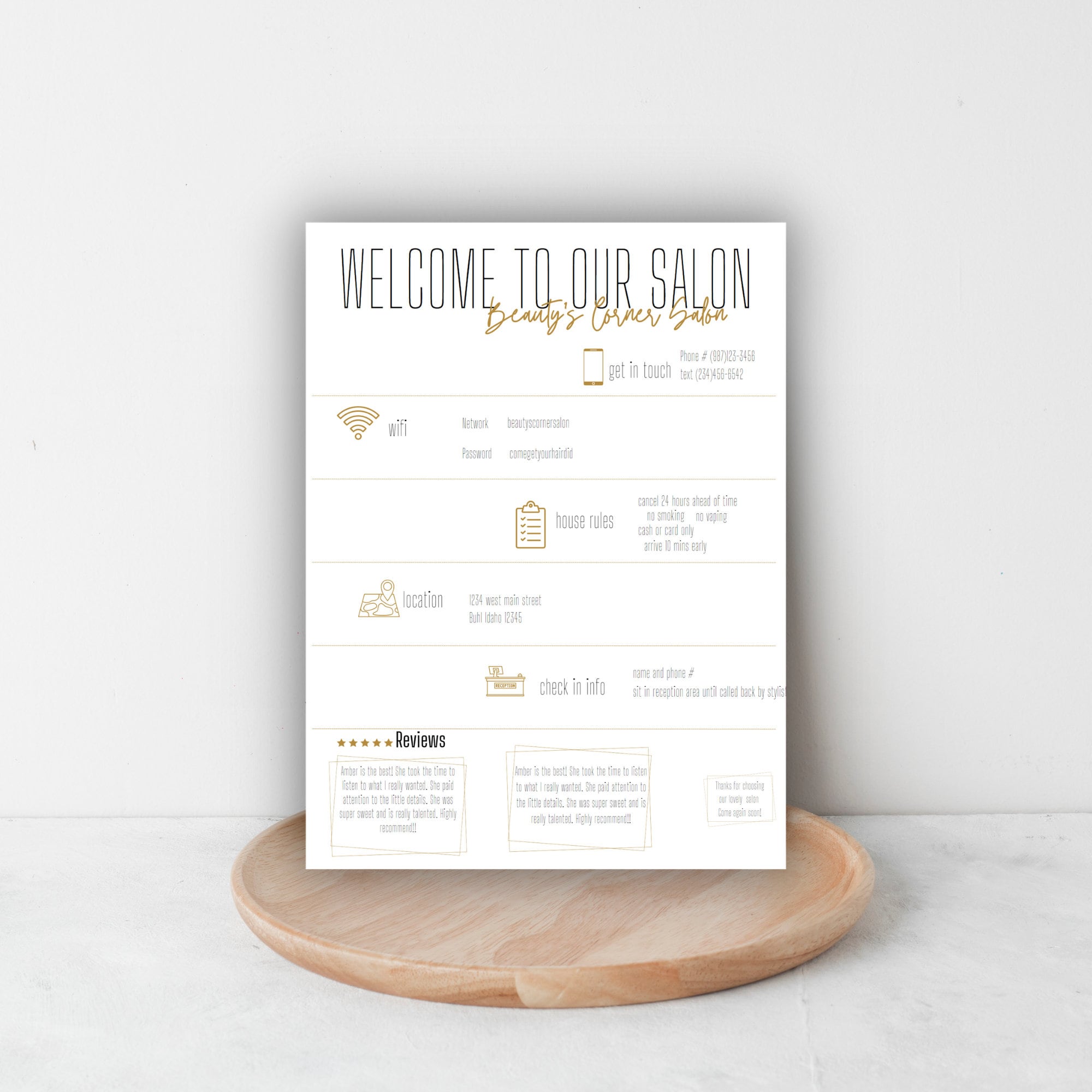 Salon Welcome Check in Sign Template, Guest Arrival Info ,digital ...