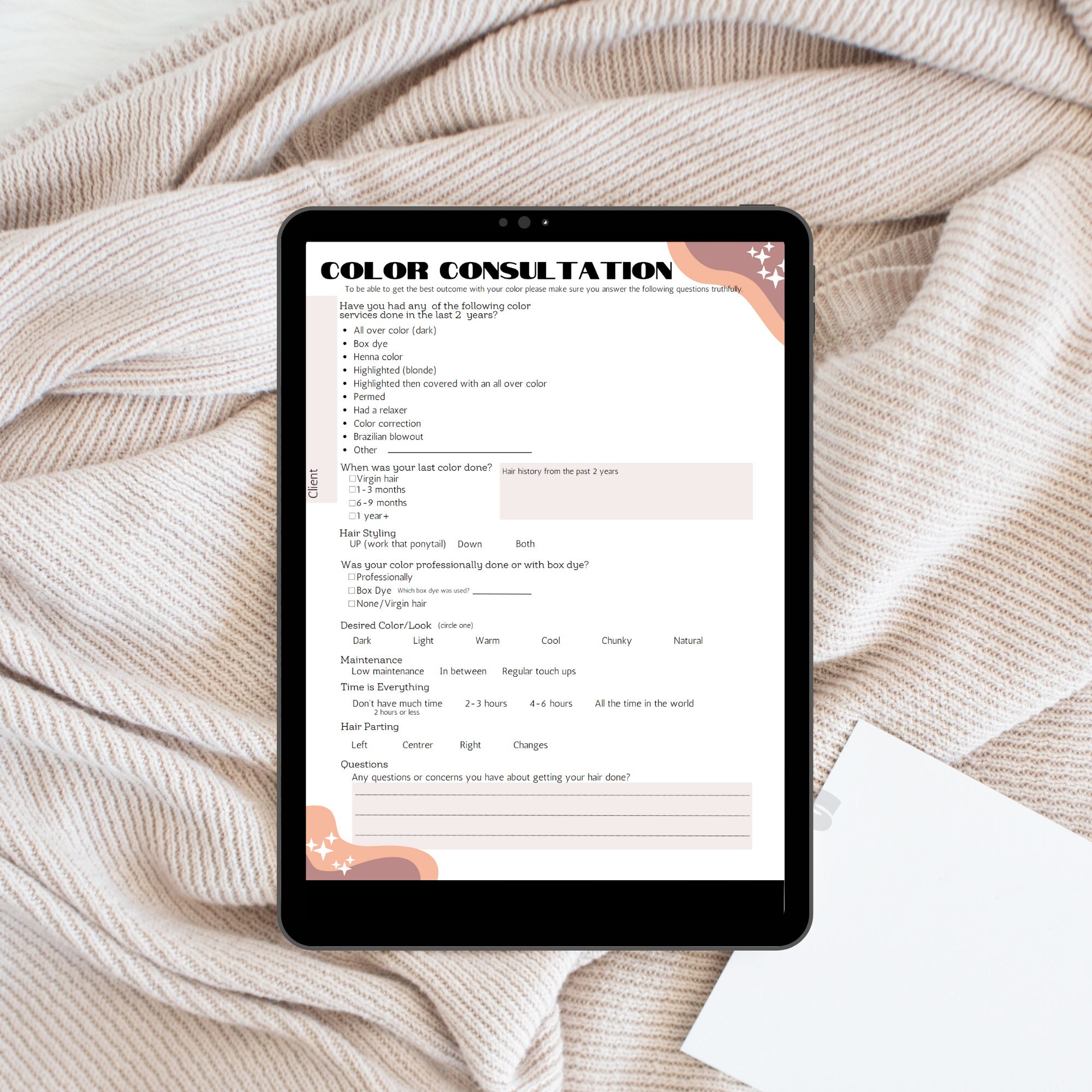 Color Consultation Form for Hairstylists, Salon Forms, Digital Download ...
