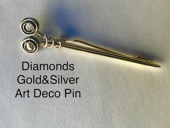 Diamond Gold and Silver Antique Pin Art Deco, solid 1… - Gem