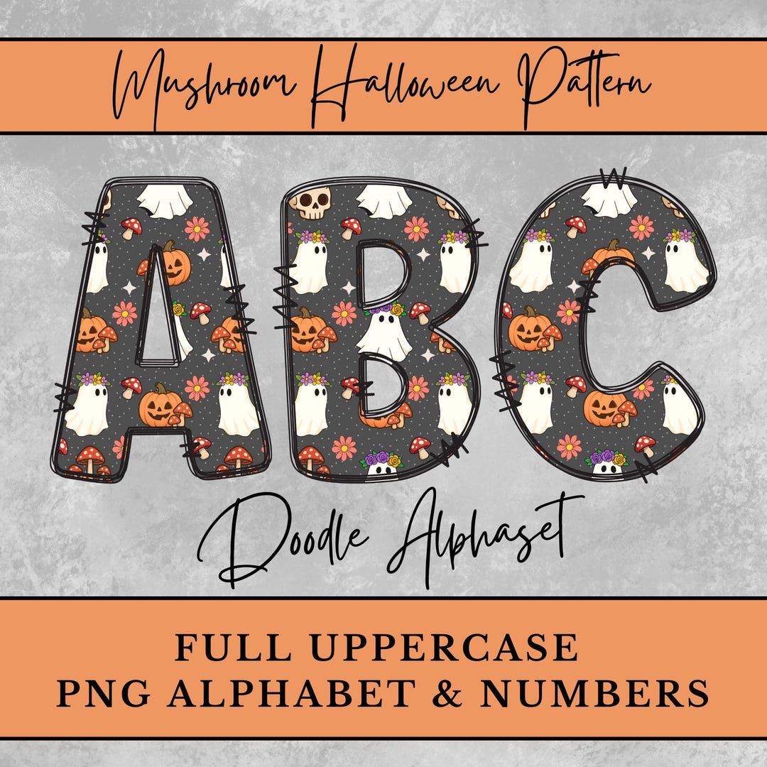 Mushroom Halloween Pattern PNG Alphabet, Jack O' Lantern Doodle Letters ...