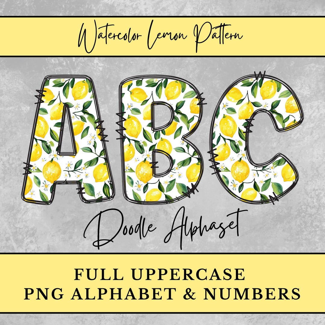 Watercolor Lemon Pattern PNG Alphabet, Yellow Doodle Letters for Tshirt ...