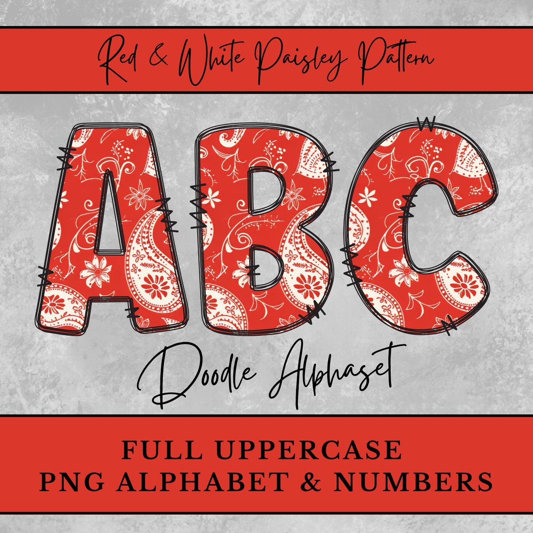 Red & White Paisley PNG Alphabet, Red Floral PNG Alphabet Doodle ...