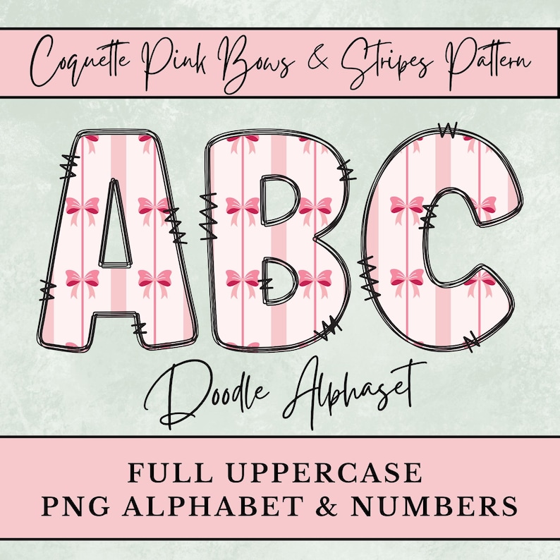 Coquette Pink Bows & Stripes PNG Alphabet, PNG Letters, Girls Doodle ...