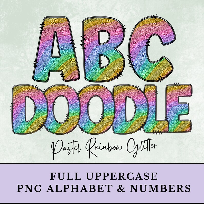 Pastel Rainbow Glitter PNG Alphabet, Colorful Rainbow Doodle Letters ...