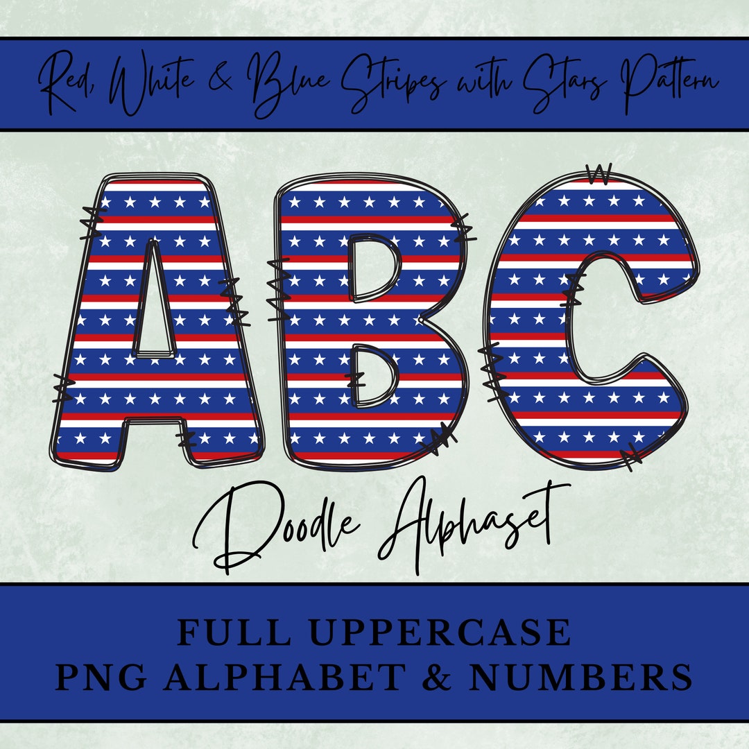 Red, White & Blue Stripes With Stars Doodle Letters, PNG Alphabet ...