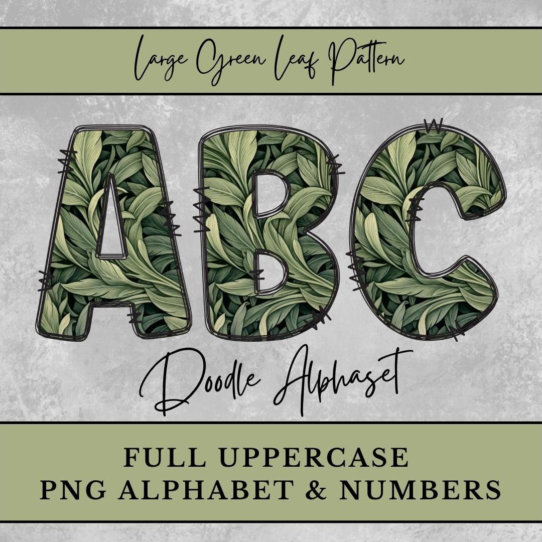 Large Green Leaf Pattern PNG Alphabet, Green Leaves, Doodle Letters for ...