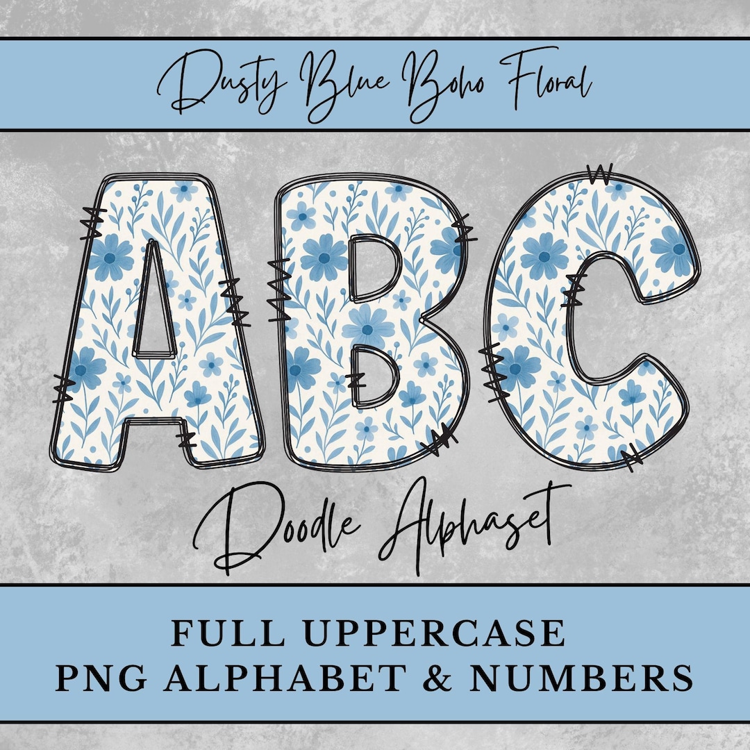 Dusty Blue Boho Floral PNG Alphabet, Botanical PNG Uppercase Alphabet ...