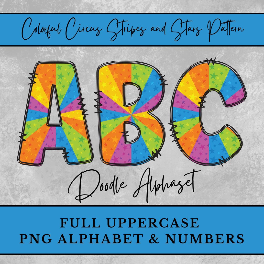 Colorful Circus Stripes & Stars Pattern PNG Alphabet, Sunburst Rainbow ...