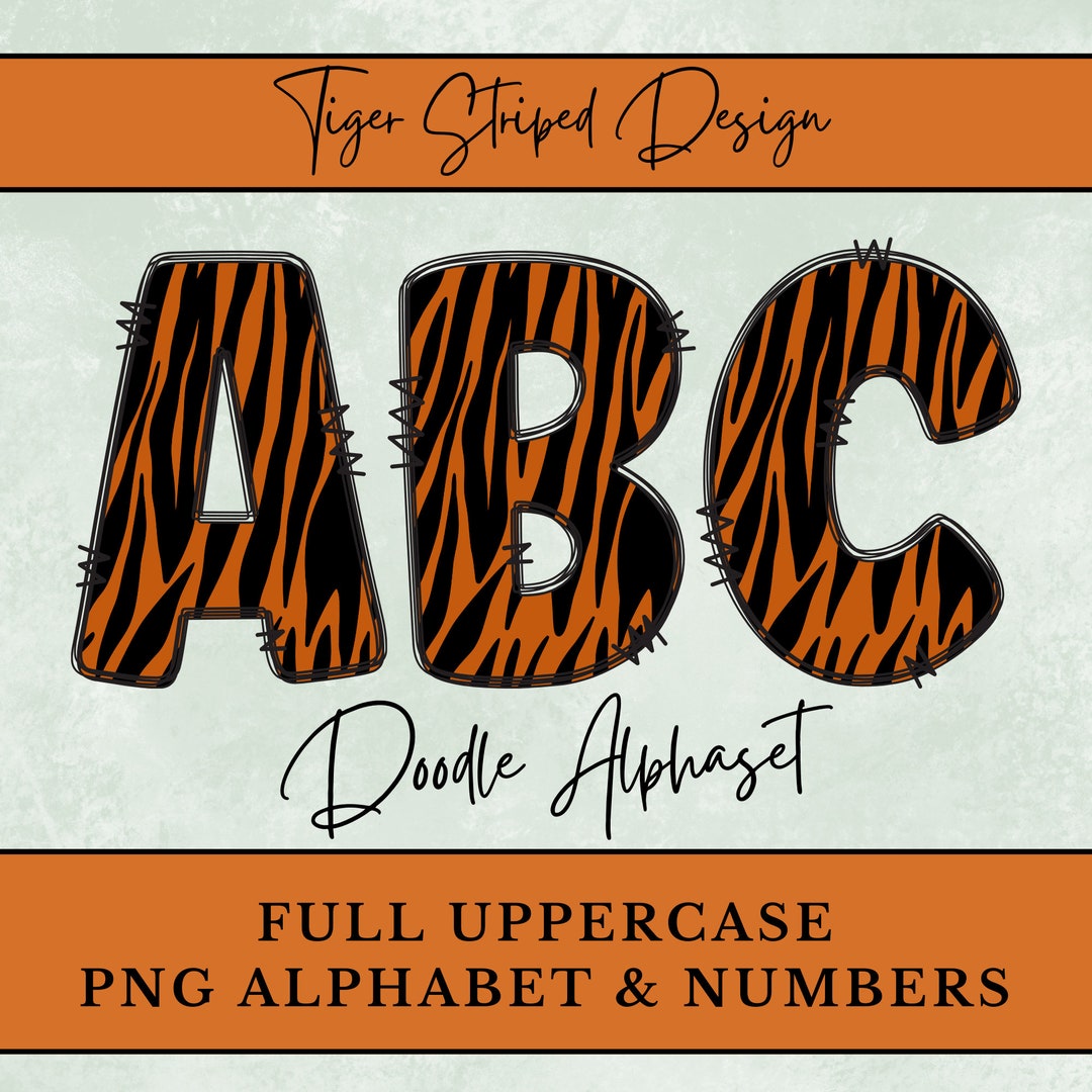 Tiger Striped Design Doodle Alphabet, Orange Animal Print PNG Alphabet ...