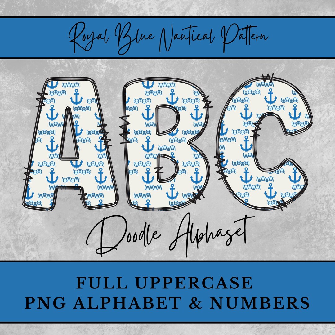 Royal Blue Nautical Alphabet Letters, Anchor Waves Doodle Letters ...
