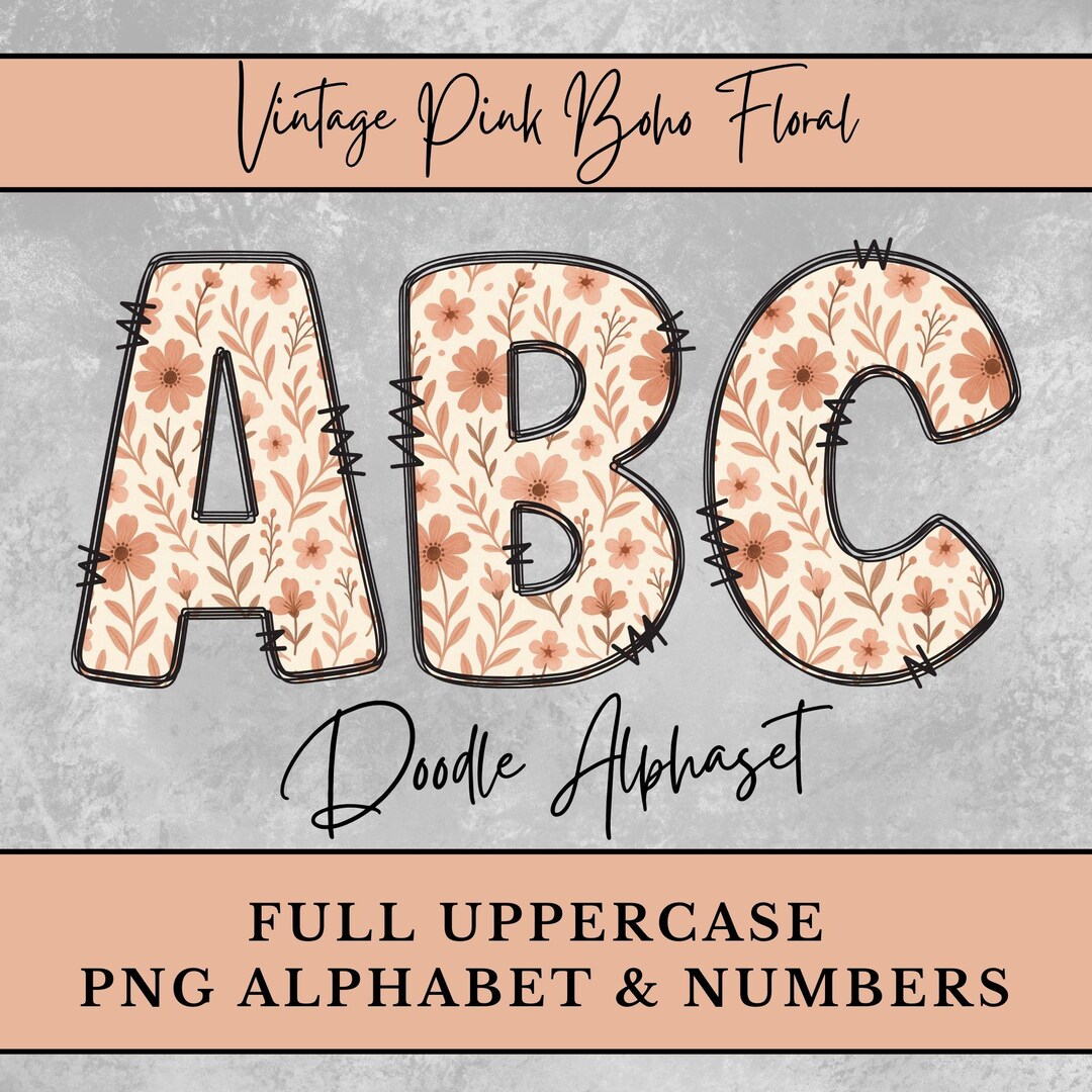 Vintage Pink Boho Floral PNG Alphabet, Botanical PNG Uppercase Alphabet ...