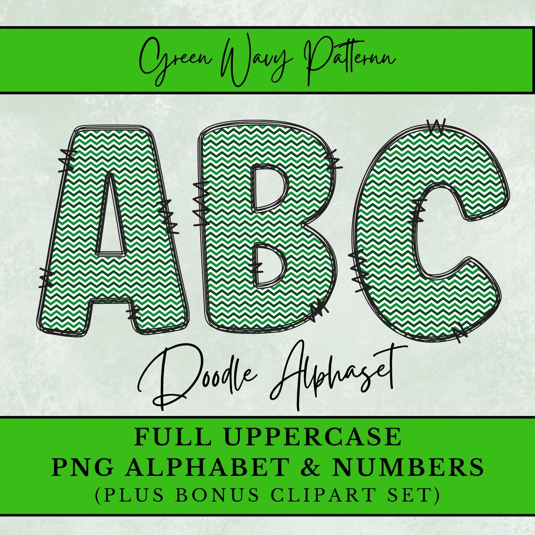 Green Wavy Alphabet Letters, Doodle Letters, Sublimation PNG Letters ...