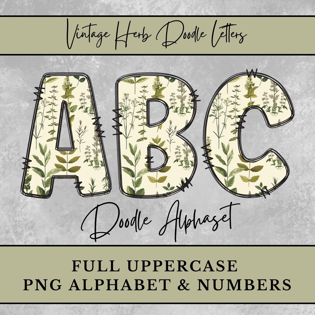 Vintage Herb Doodle Alphabet, Floral Greenery Plant Uppercase PNG ...