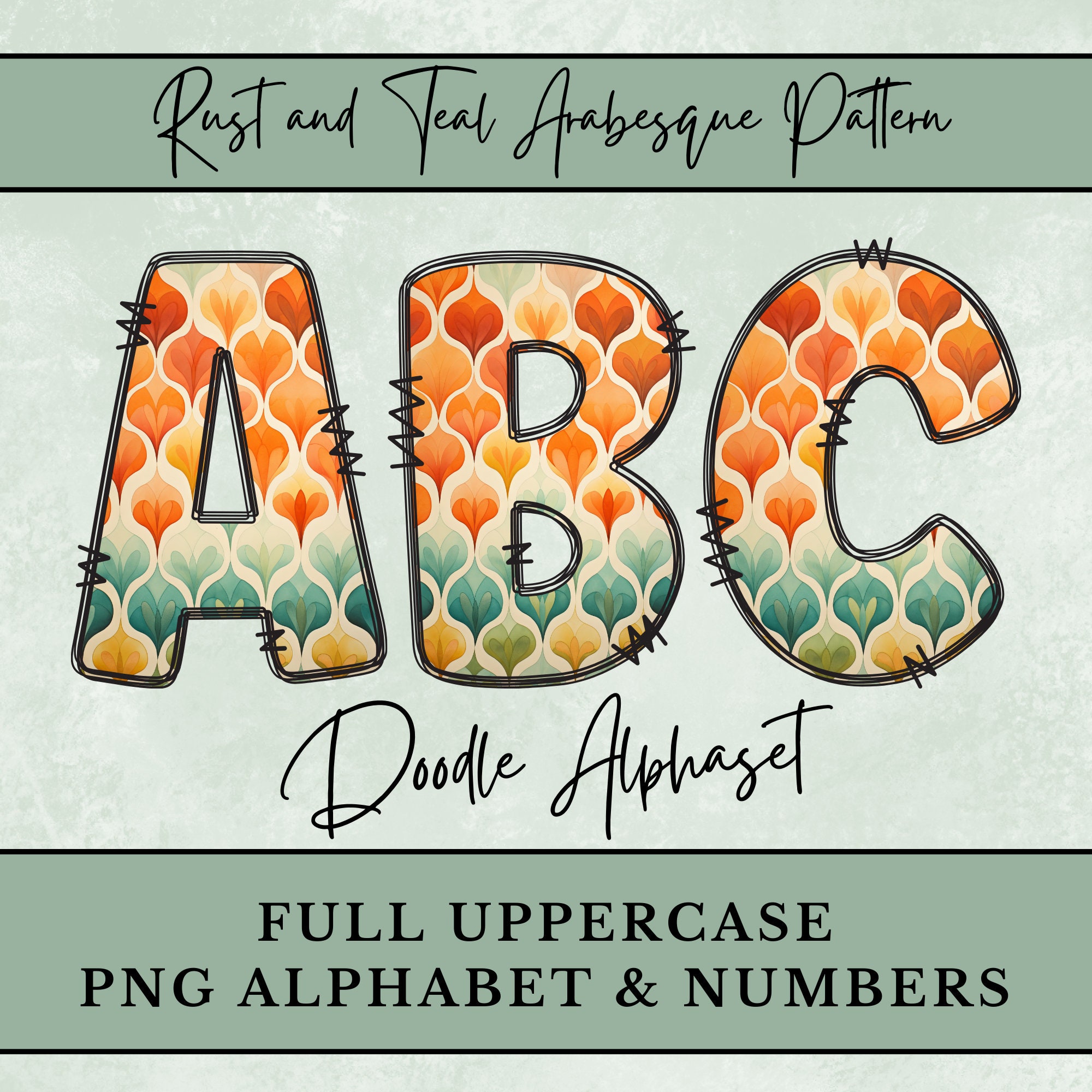 Rust and Teal Arabesque Pattern PNG Alphabet, Printable Doodle Letters ...
