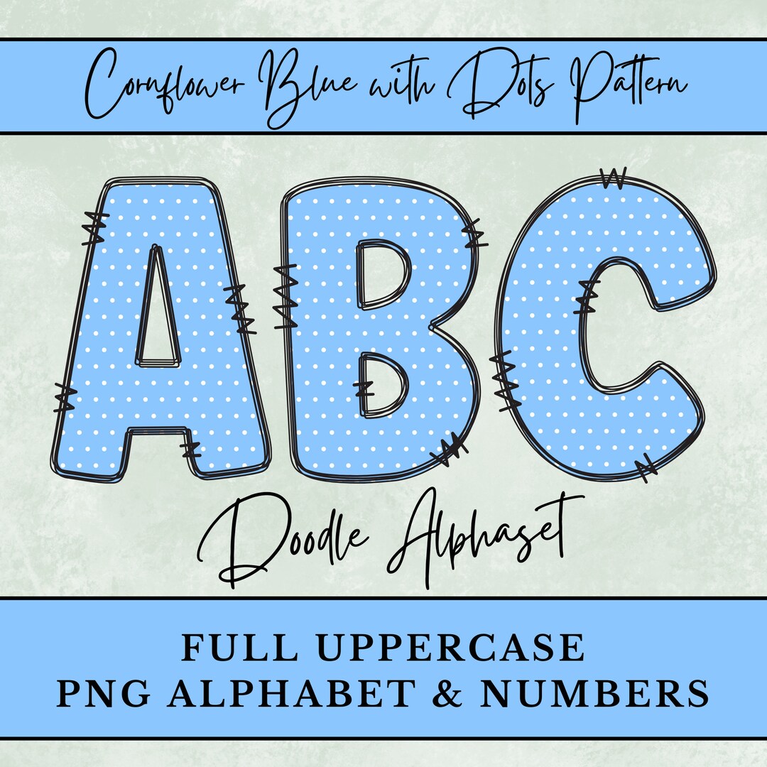 Cornflower Blue With Dots Doodle Letters, Light Blue PNG Alphabet ...