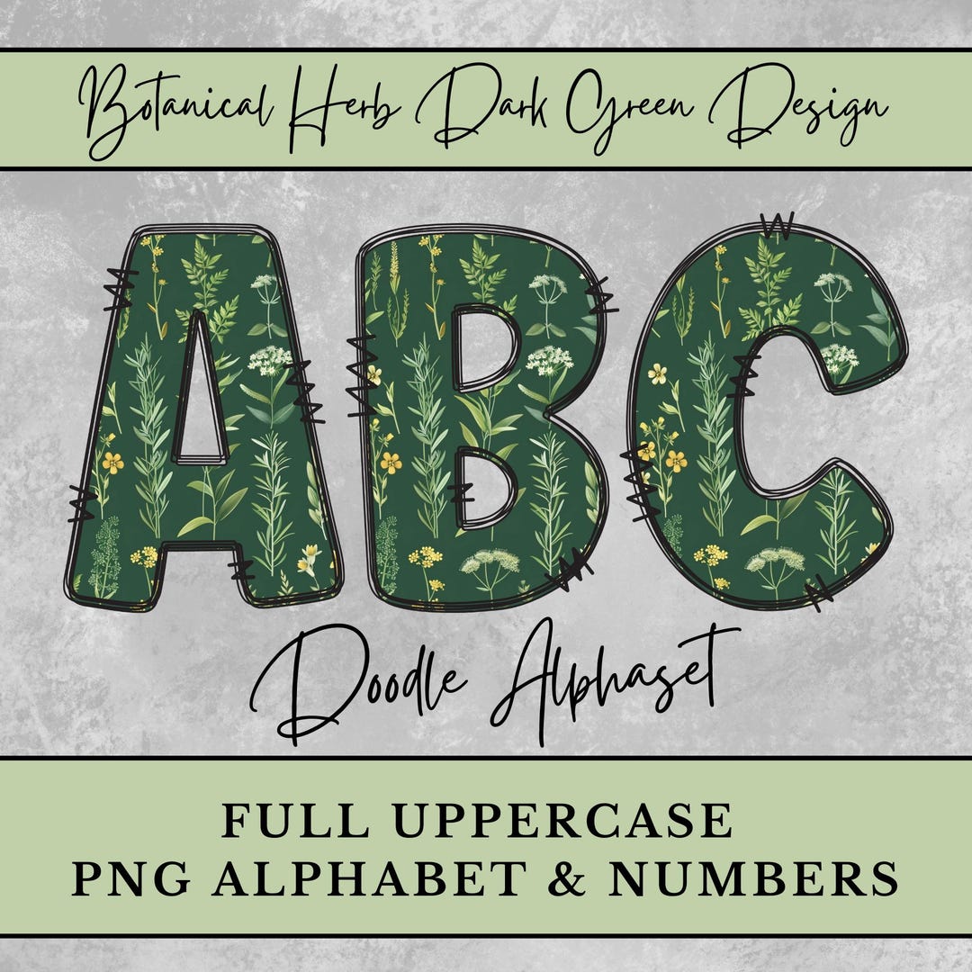 Botanical Herb Dark Green Doodle Alphabet, Greenery Plant Uppercase PNG ...