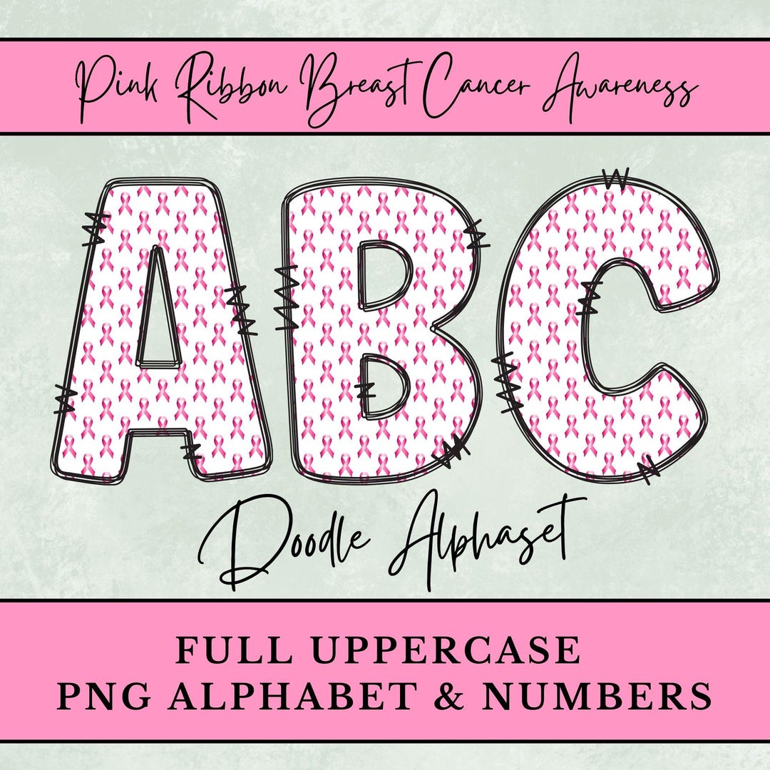 Breast Cancer Awareness Doodle Letters, Light Pink Ribbon PNG Alphabet ...