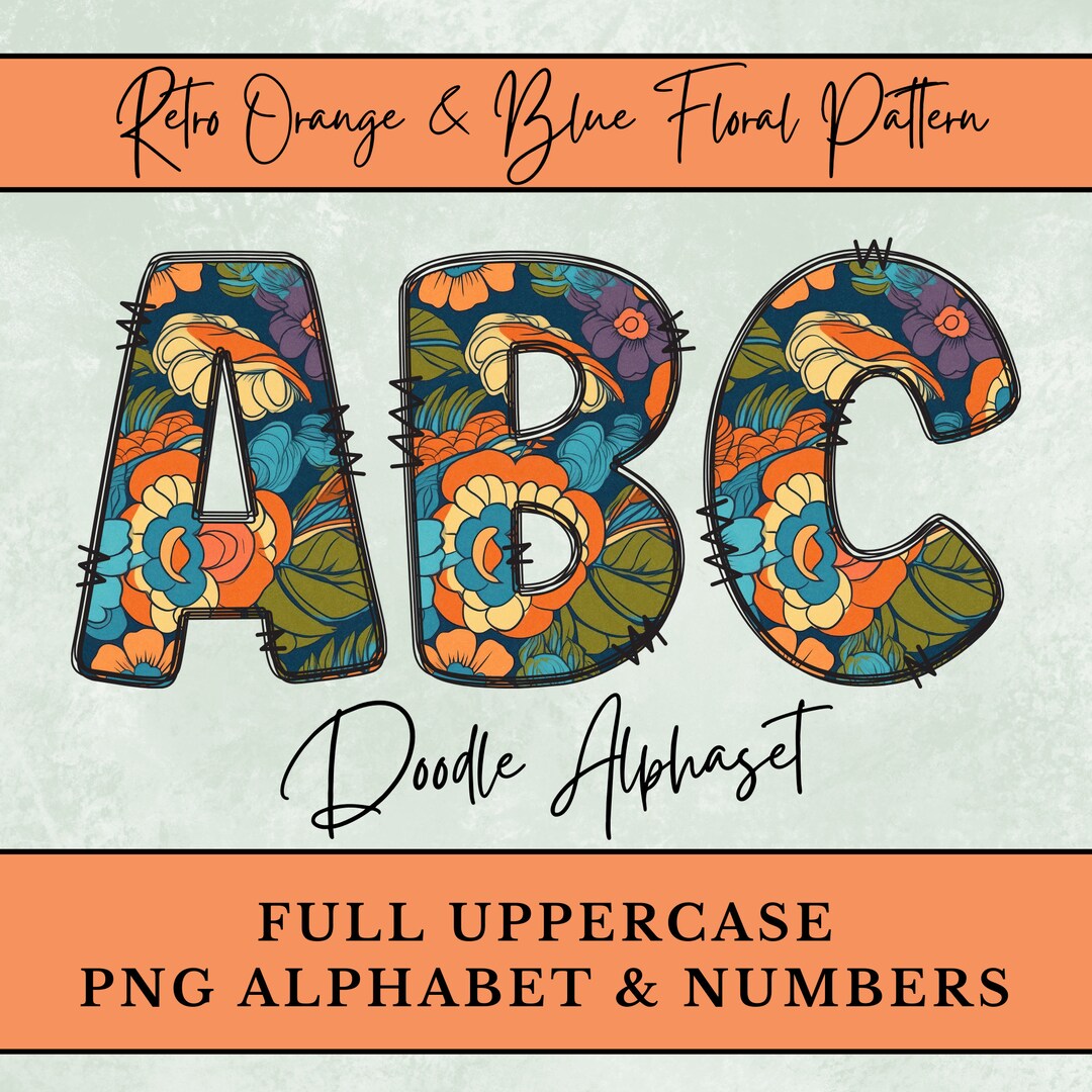 Retro Orange and Blue Floral PNG Alphabet, Vintage Flower PNG Letters ...