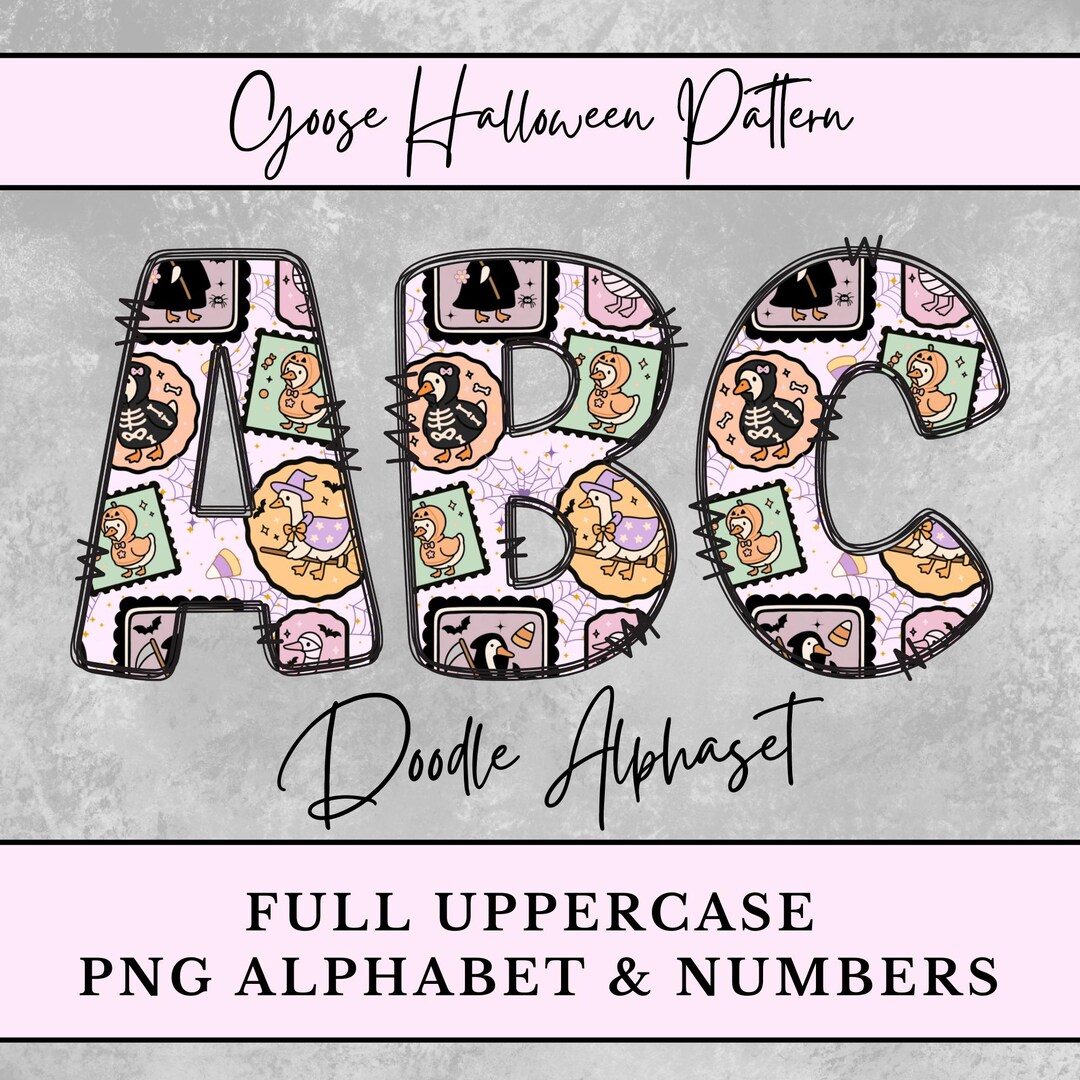 Goose Halloween Pattern PNG Alphabet, Skeleton Bats Doodle Letters, Bat ...