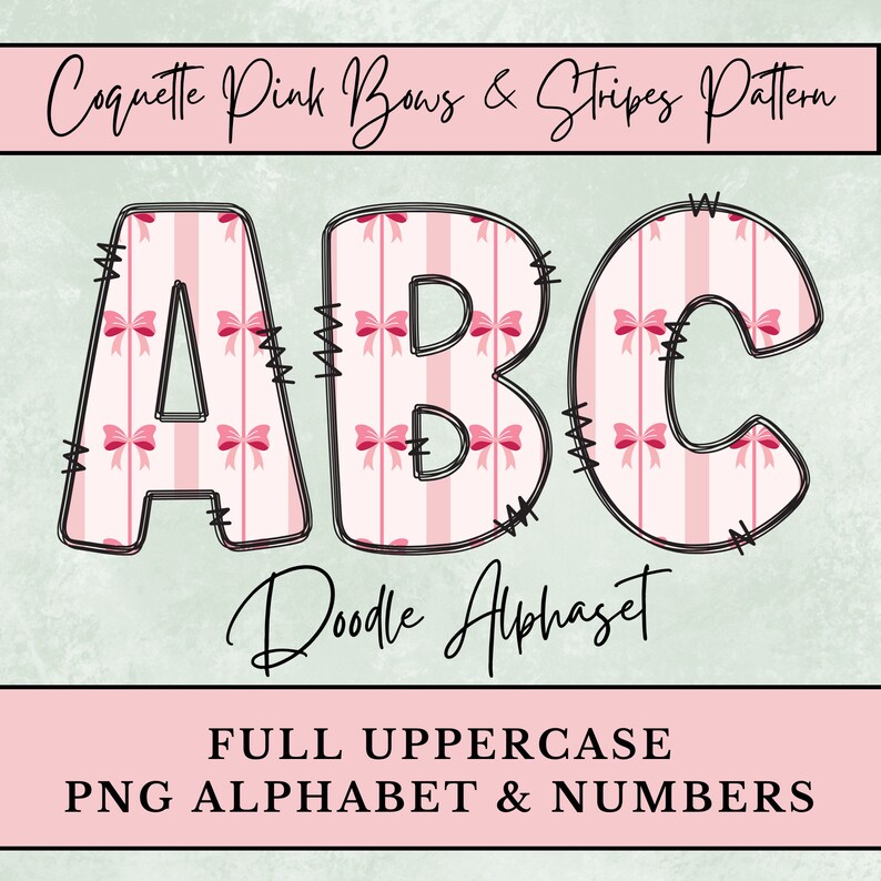 Coquette Pink Bows & Stripes PNG Alphabet, PNG Letters, Girls Doodle ...