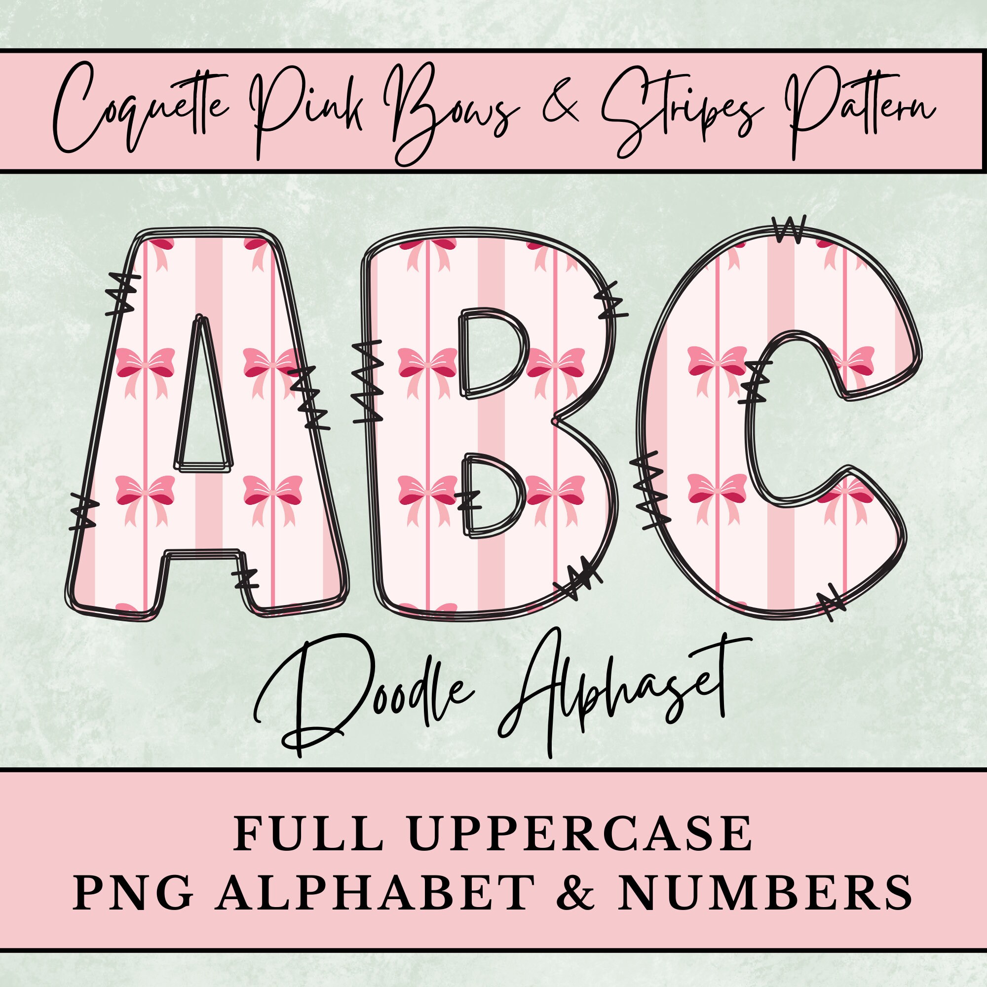 Coquette Pink Bows & Stripes PNG Alphabet, PNG Letters, Girls Doodle ...