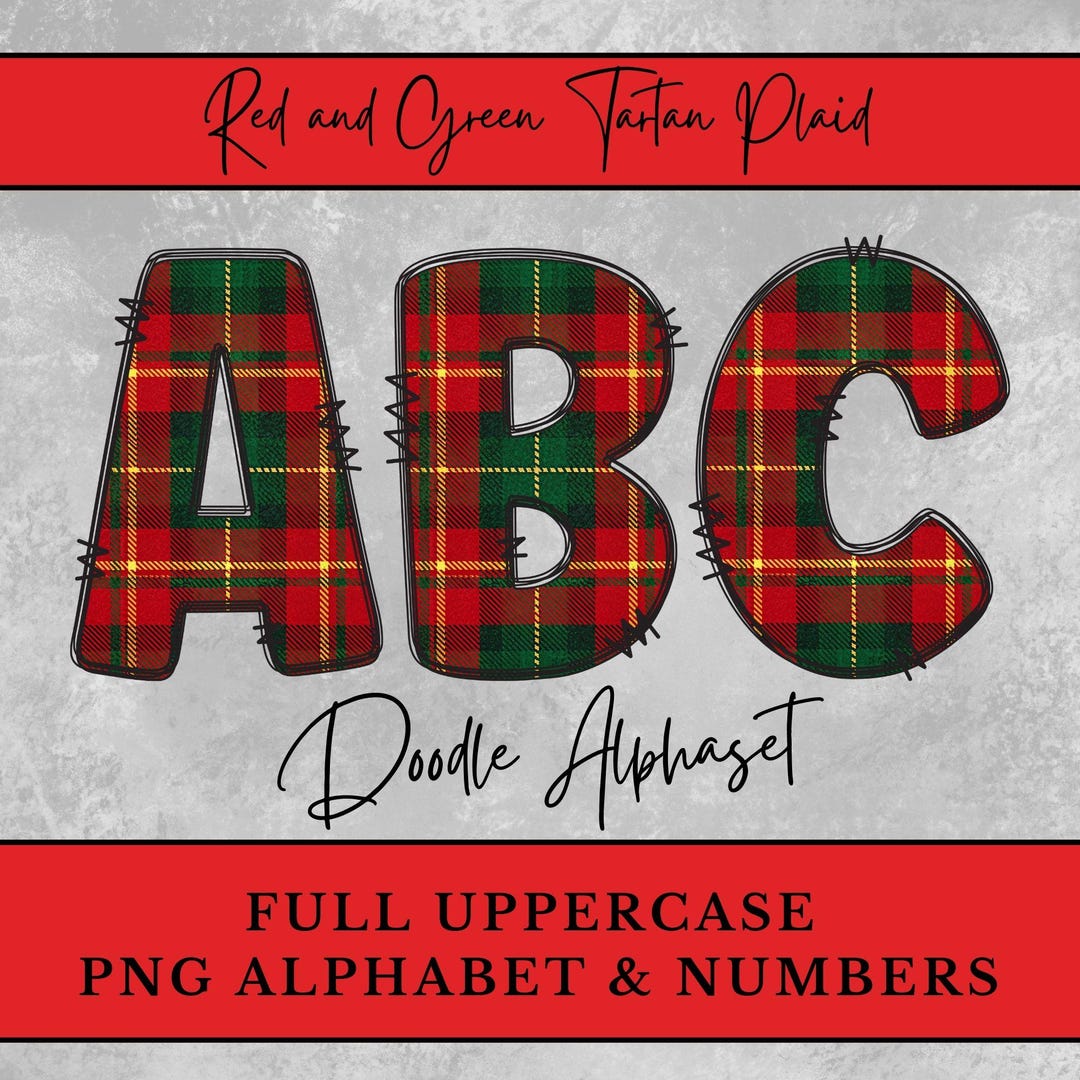 Red and Green Tartan Plaid Alphabet Letters, Christmas Plaid Doodle ...
