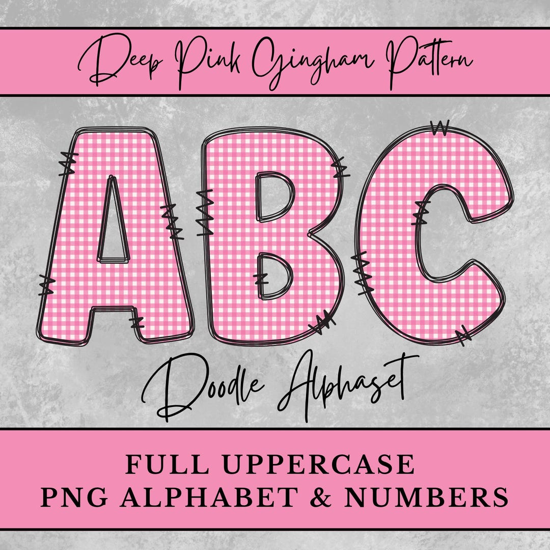 Deep Pink Gingham Alphabet Letters, Plaid Doodle Letters T-shirt ...