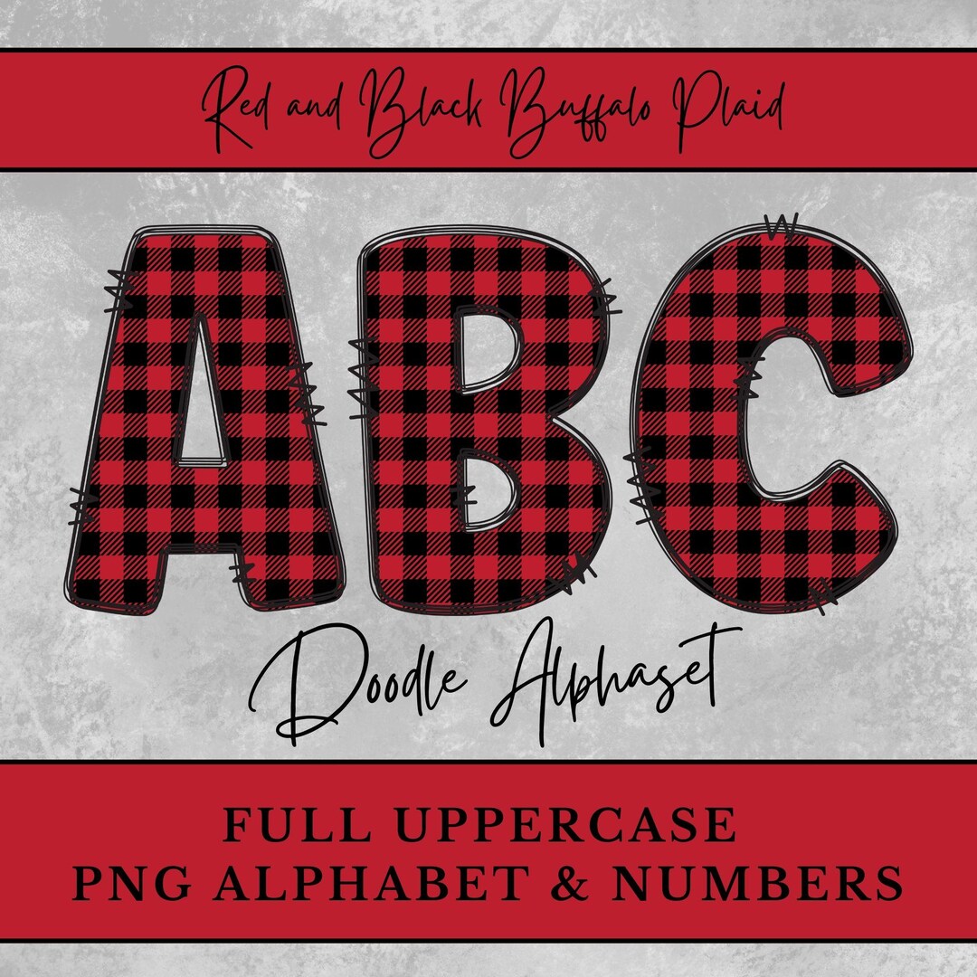 Red & Black Buffalo Plaid Alphabet Letters, Doodle Letters for T-shirt ...