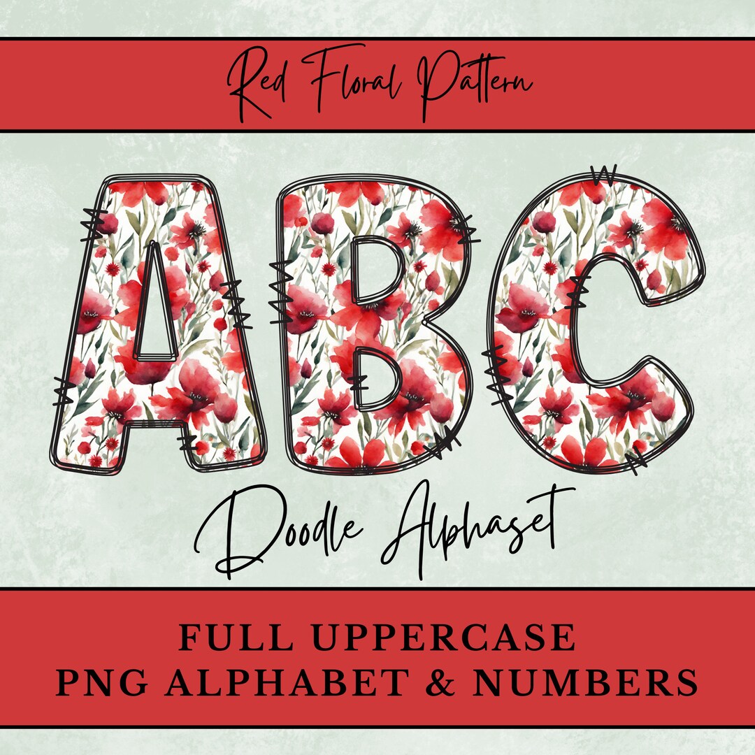 Red Floral PNG Alphabet, Red PNG Alphabet Letters, Red and White Doodle ...