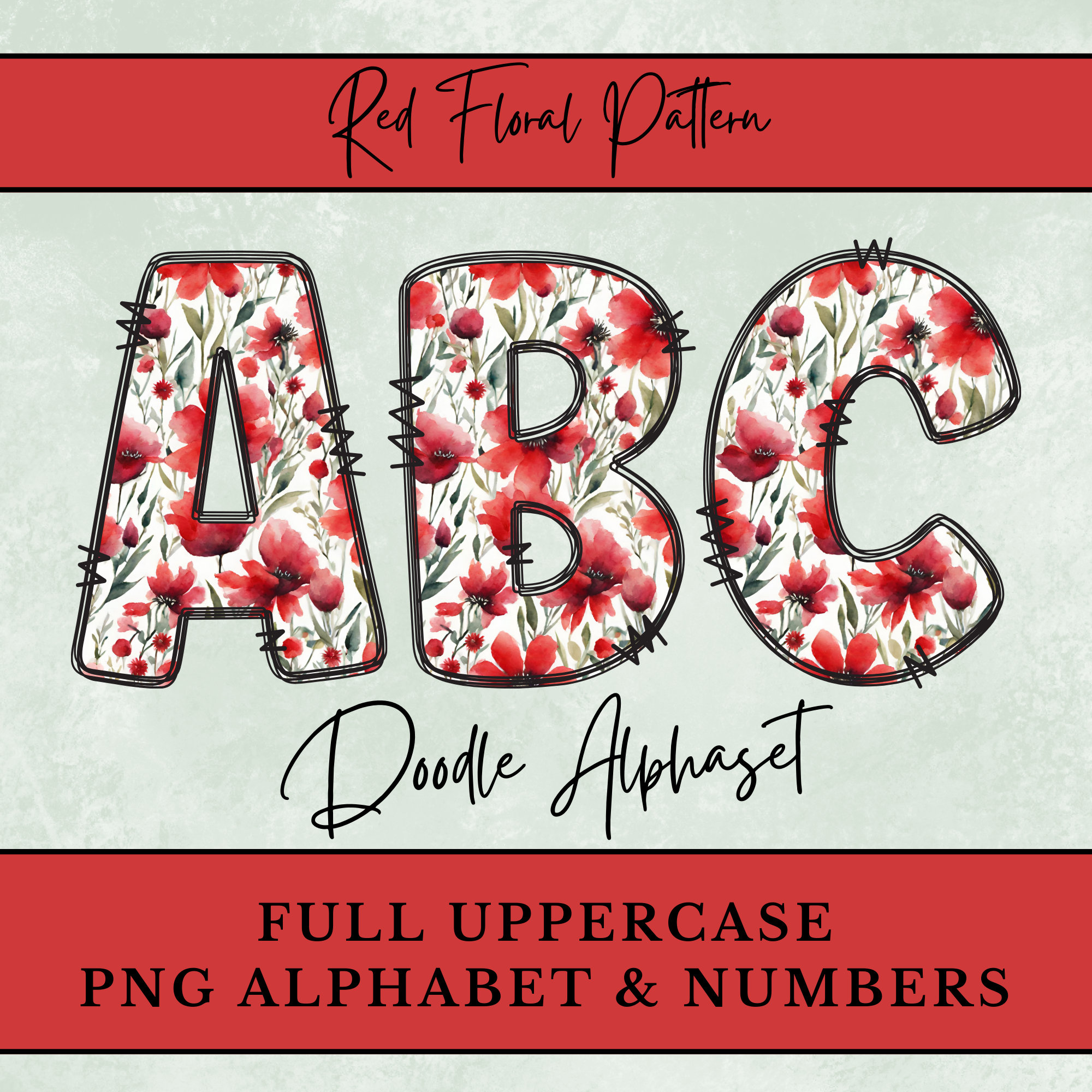 Red Floral PNG Alphabet, Red PNG Alphabet Letters, Red and White Doodle ...