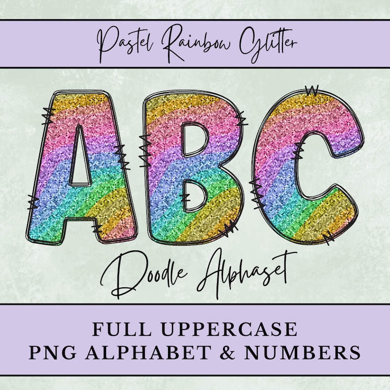 Pastel Rainbow Glitter PNG Alphabet, Colorful Rainbow Doodle Letters ...