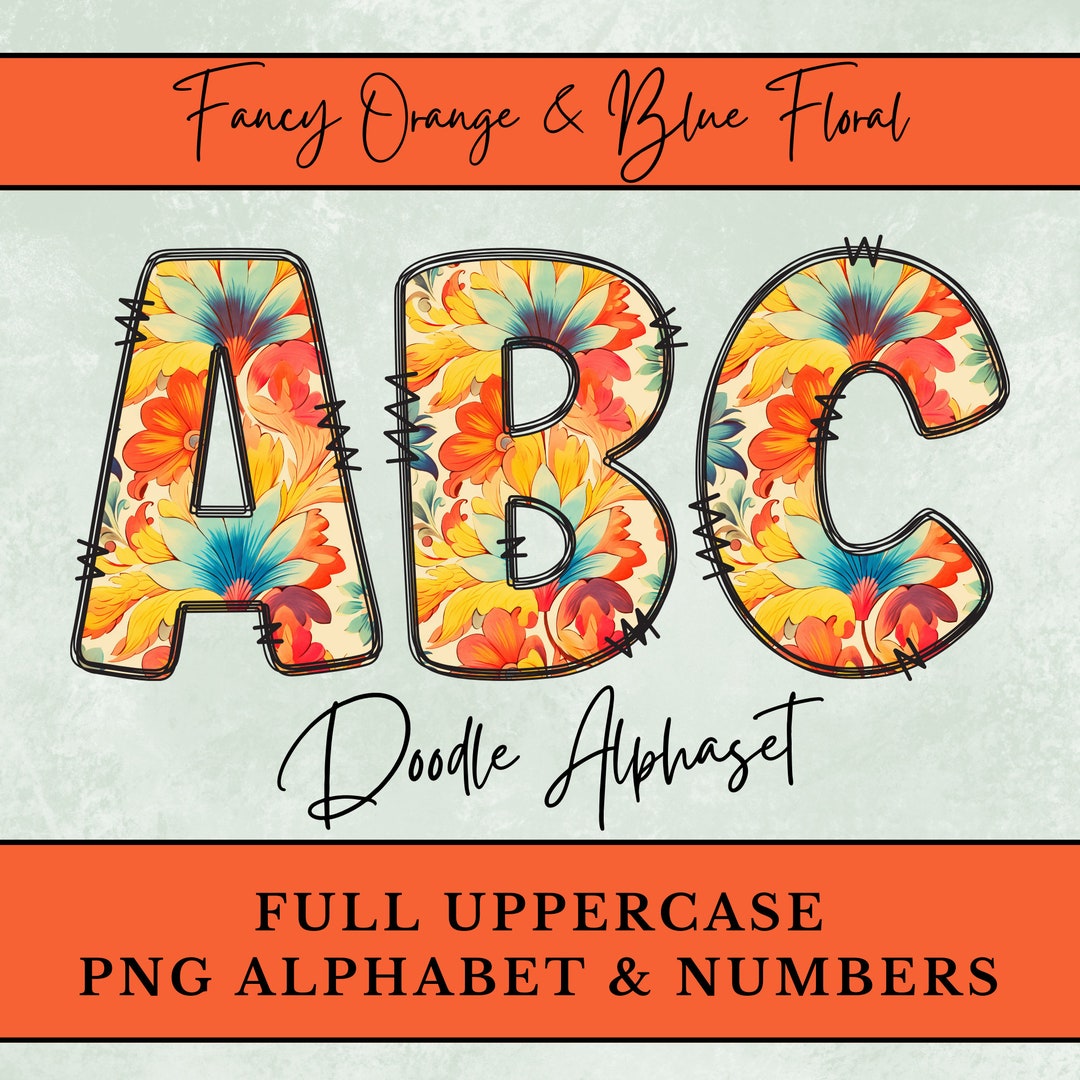 Fancy Orange & Blue Floral PNG Alphabet, Orange Printable Doodle ...
