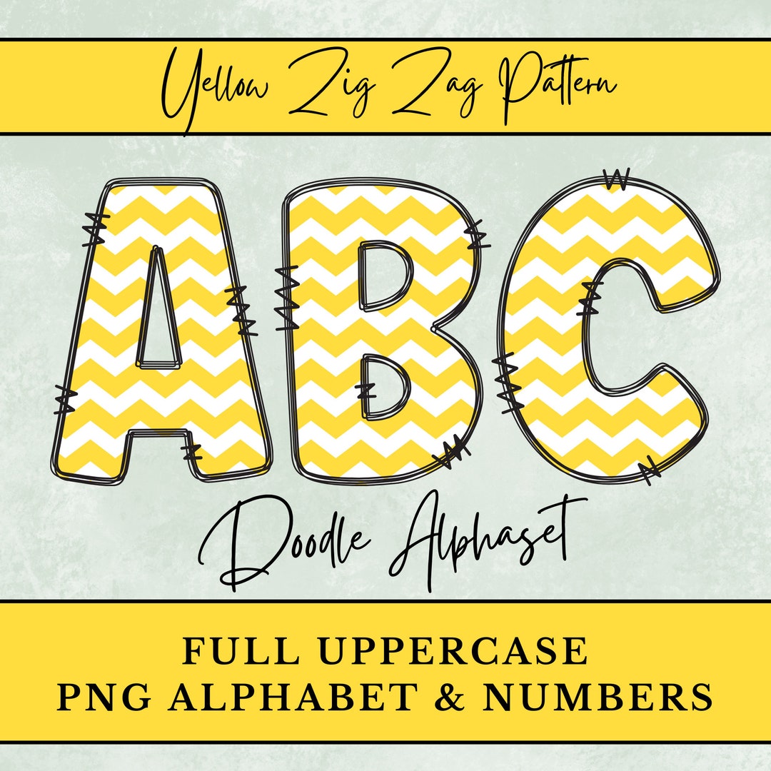 Yellow Zig Zag Doodle Alphabet, Yellow and White PNG Alphabet, PNG ...