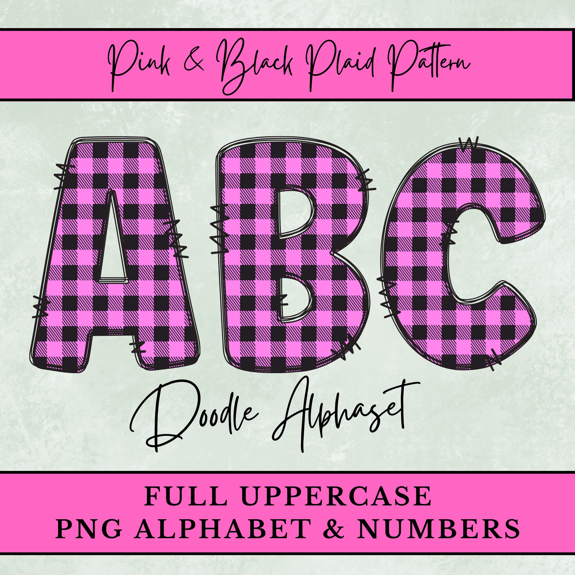 Pink & Black Plaid Alphabet Letters, Doodle Letters for T-shirt ...